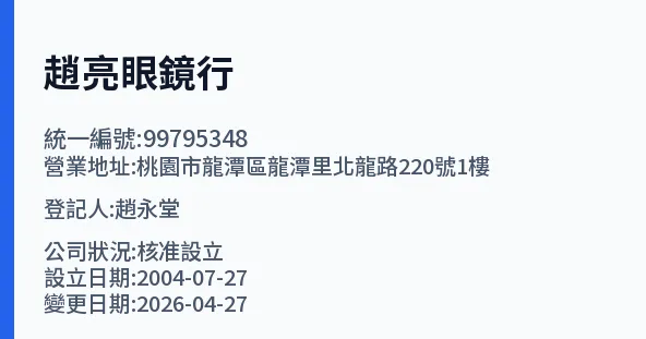 趙亮眼鏡行的照片-統編 99795348(桃園市) 公司登記資料與營業項目詳細圖表