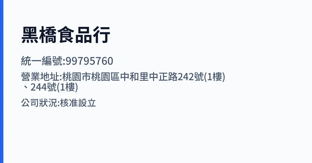 黑橋食品行 - 統編 99795760(桃園市) 公司登記資料與營業項目詳細圖表