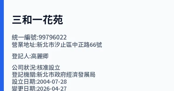 三和一花苑的照片-統編 99796022(新北市) 公司登記資料與營業項目詳細圖表