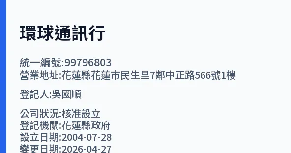 環球通訊行的照片-統編 99796803(花蓮縣) 公司登記資料與營業項目詳細圖表