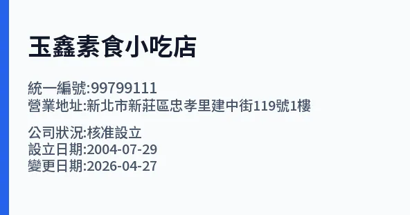 玉鑫素食小吃店的照片-統編 99799111(新北市) 公司登記資料與營業項目詳細圖表