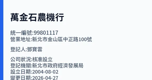 萬金石農機行的照片-統編 99801117(新北市) 公司登記資料與營業項目詳細圖表