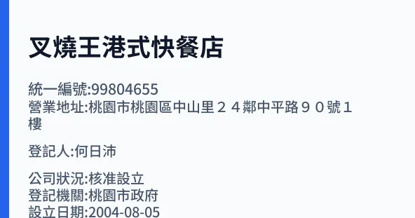 叉燒王港式快餐店的照片-統編 99804655(桃園市) 公司登記資料與營業項目詳細圖表