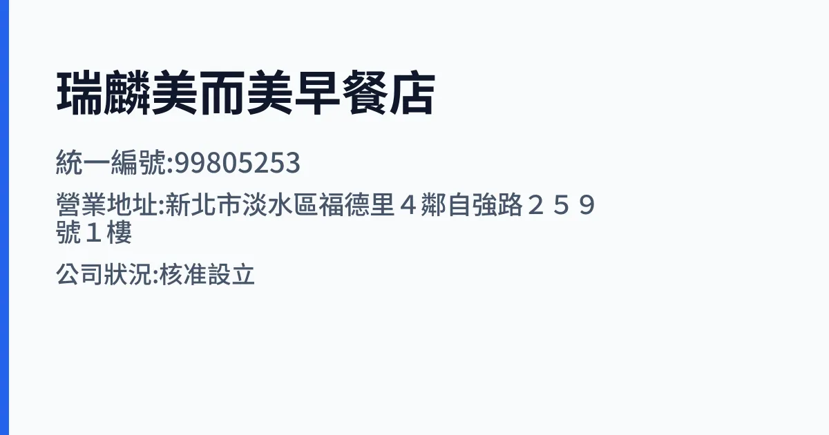 瑞麟美而美早餐店 - 統編 99805253(新北市) 公司登記資料與營業項目詳細圖表