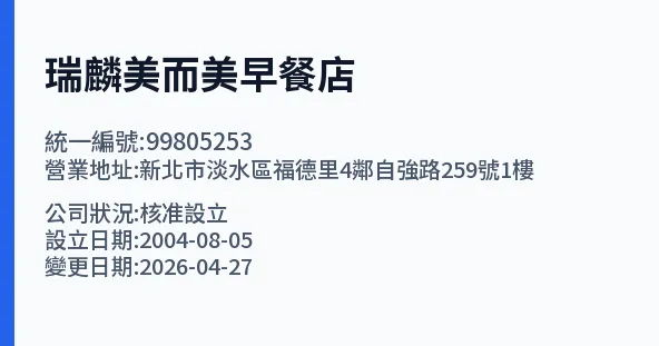 瑞麟美而美早餐店的照片-統編 99805253(新北市) 公司登記資料與營業項目詳細圖表