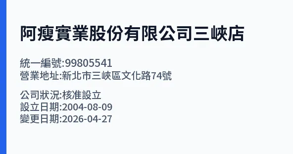 阿瘦實業股份有限公司三峽店的照片-統編 99805541(新北市) 公司登記資料與營業項目詳細圖表