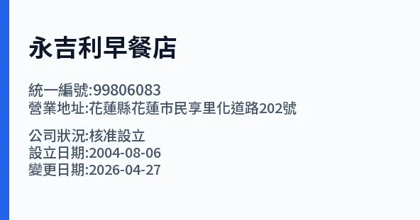 永吉利早餐店的照片-統編 99806083(花蓮縣) 公司登記資料與營業項目詳細圖表