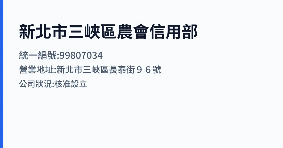 新北市三峽區農會信用部 - 統編 99807034(新北市) 公司登記資料與營業項目詳細圖表