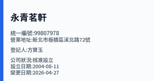 永青茗軒的照片-統編 99807978(新北市) 公司登記資料與營業項目詳細圖表