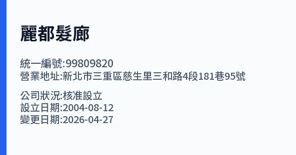 麗都髮廊的照片-統編 99809820(新北市) 公司登記資料與營業項目詳細圖表