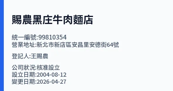 賜農黑庄牛肉麵店的照片-統編 99810354(新北市) 公司登記資料與營業項目詳細圖表