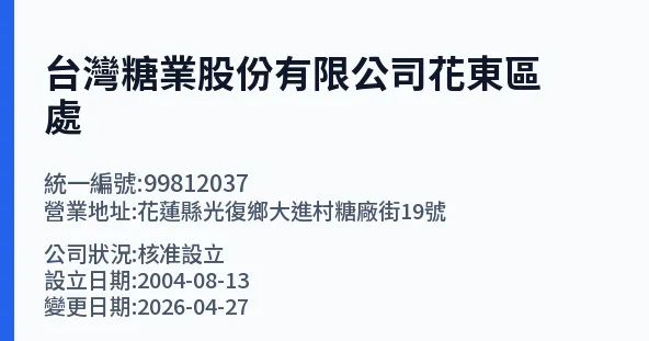 台灣糖業股份有限公司花東區處的照片-統編 99812037(花蓮縣) 公司登記資料與營業項目詳細圖表