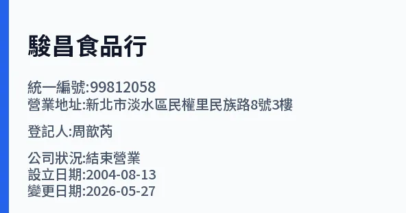 駿昌食品行的照片-統編 99812058(新北市) 公司登記資料與營業項目詳細圖表