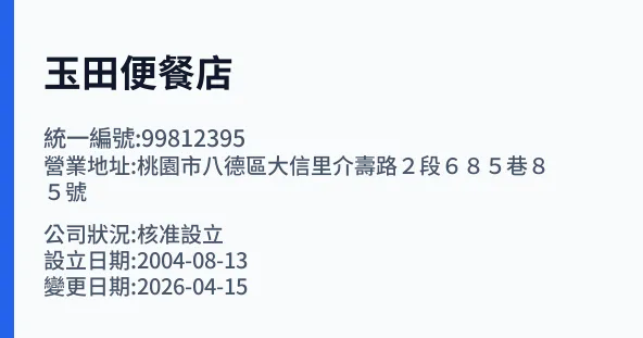 玉田便餐店的照片-統編 99812395(桃園市) 公司登記資料與營業項目詳細圖表