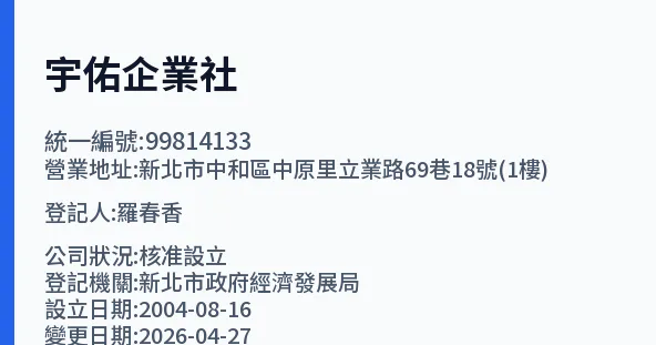 宇佑企業社的照片-統編 99814133(新北市) 公司登記資料與營業項目詳細圖表