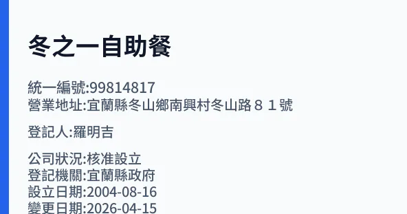 冬之一自助餐的照片-統編 99814817(宜蘭縣) 公司登記資料與營業項目詳細圖表