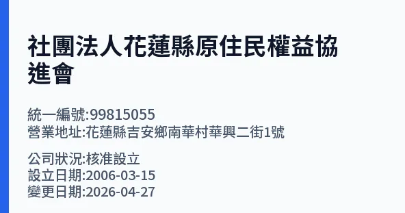 社團法人花蓮縣原住民權益協進會的照片-統編 99815055(花蓮縣) 公司登記資料與營業項目詳細圖表