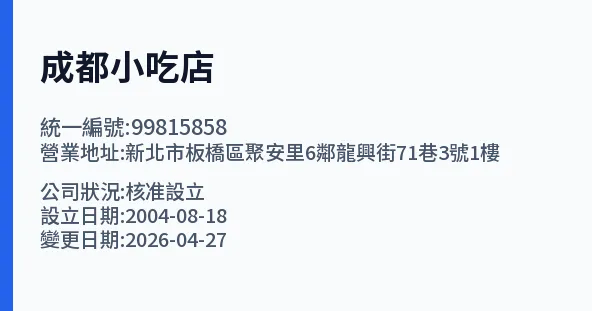 成都小吃店的照片-統編 99815858(新北市) 公司登記資料與營業項目詳細圖表