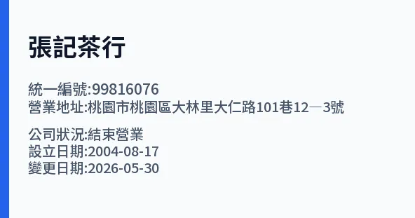 張記茶行的照片-統編 99816076(桃園市) 公司登記資料與營業項目詳細圖表