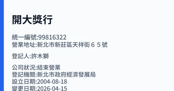 開大獎行的照片-統編 99816322(新北市) 公司登記資料與營業項目詳細圖表