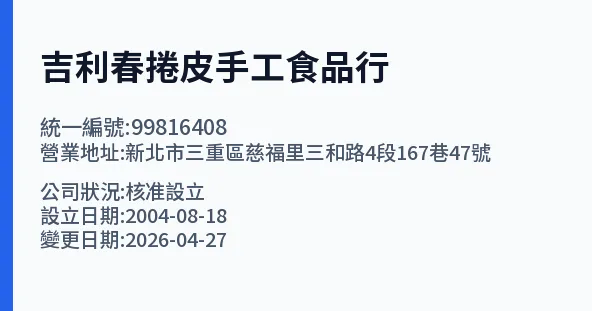 吉利春捲皮手工食品行的照片-統編 99816408(新北市) 公司登記資料與營業項目詳細圖表