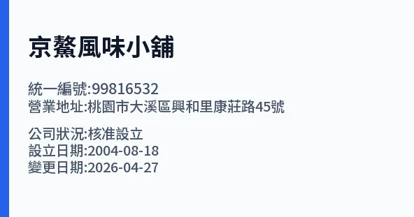 京鰲風味小舖的照片-統編 99816532(桃園市) 公司登記資料與營業項目詳細圖表
