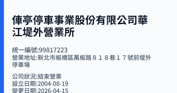 俥亭停車事業股份有限公司華江堤外營業所的照片-統編 99817223(新北市) 公司登記資料與營業項目詳細圖表