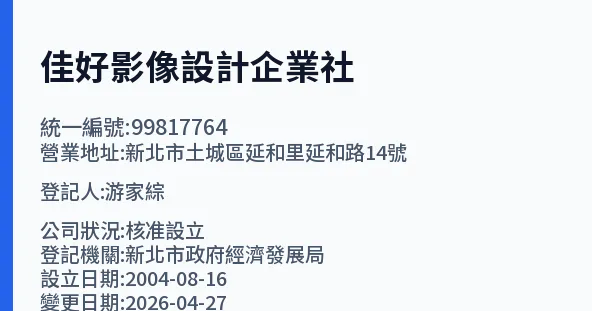 佳好影像設計企業社的照片-統編 99817764(新北市) 公司登記資料與營業項目詳細圖表