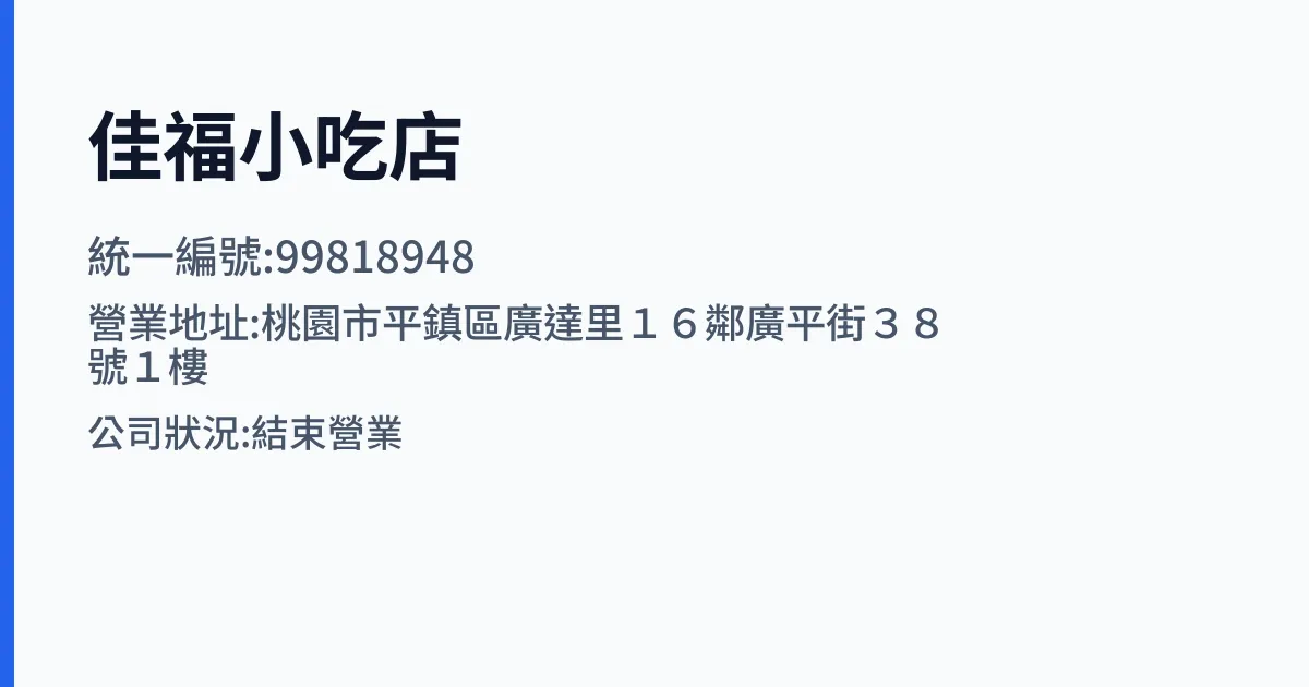 佳福小吃店 - 統編 99818948(桃園市) 公司登記資料與營業項目詳細圖表