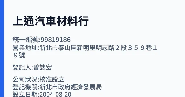 上通汽車材料行的照片-統編 99819186(新北市) 公司登記資料與營業項目詳細圖表