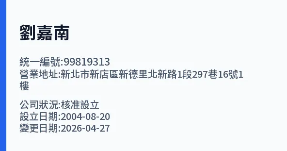 劉嘉南的照片-統編 99819313(新北市) 公司登記資料與營業項目詳細圖表