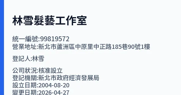 林雪髮藝工作室的照片-統編 99819572(新北市) 公司登記資料與營業項目詳細圖表