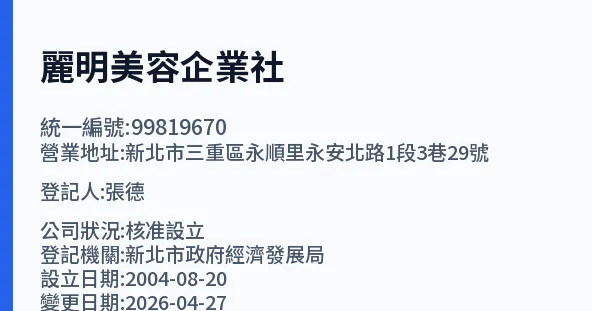 麗明美容企業社的照片-統編 99819670(新北市) 公司登記資料與營業項目詳細圖表