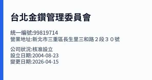 台北金鑽管理委員會的照片-統編 99819714(新北市) 公司登記資料與營業項目詳細圖表