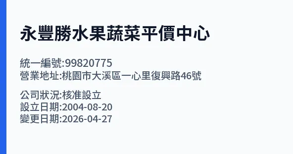 永豐勝水果蔬菜平價中心的照片-統編 99820775(桃園市) 公司登記資料與營業項目詳細圖表