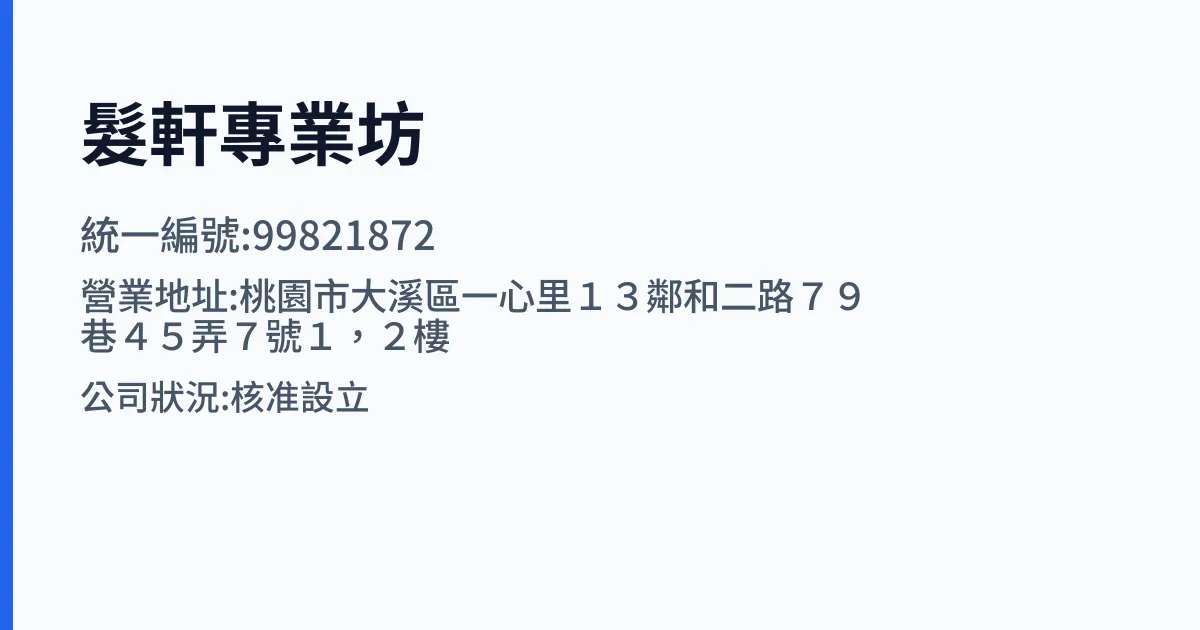髮軒專業坊 - 統編 99821872(桃園市) 公司登記資料與營業項目詳細圖表