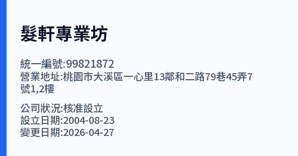 髮軒專業坊的照片-統編 99821872(桃園市) 公司登記資料與營業項目詳細圖表