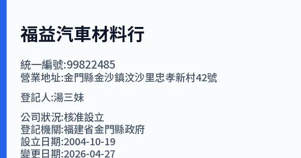 福益汽車材料行的照片-統編 99822485(金門縣) 公司登記資料與營業項目詳細圖表