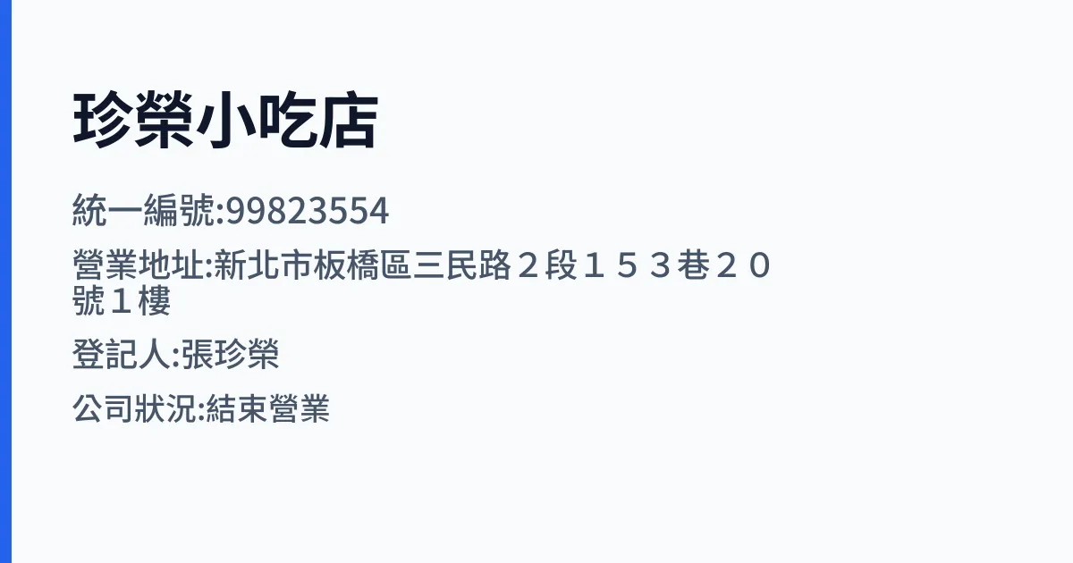 珍榮小吃店 - 統編 99823554(新北市) 公司登記資料與營業項目詳細圖表