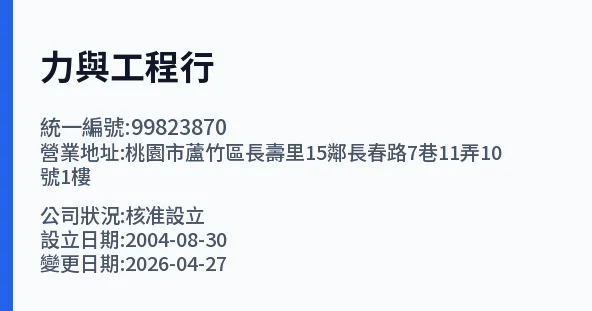 力與工程行的照片-統編 99823870(桃園市) 公司登記資料與營業項目詳細圖表