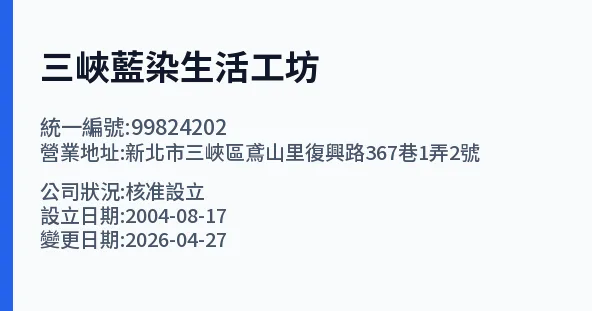 三峽藍染生活工坊的照片-統編 99824202(新北市) 公司登記資料與營業項目詳細圖表