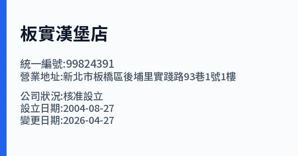 板實漢堡店的照片-統編 99824391(新北市) 公司登記資料與營業項目詳細圖表