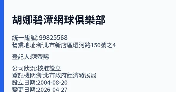 胡娜碧潭網球俱樂部的照片-統編 99825568(新北市) 公司登記資料與營業項目詳細圖表
