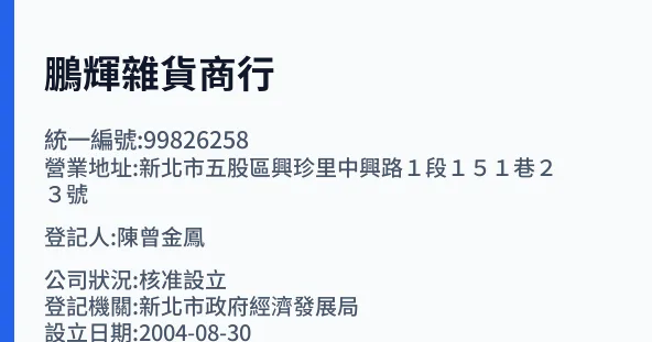 鵬輝雜貨商行的照片-統編 99826258(新北市) 公司登記資料與營業項目詳細圖表