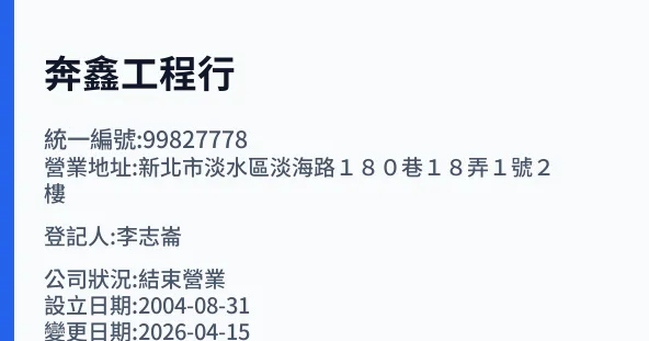 奔鑫工程行的照片-統編 99827778(新北市) 公司登記資料與營業項目詳細圖表