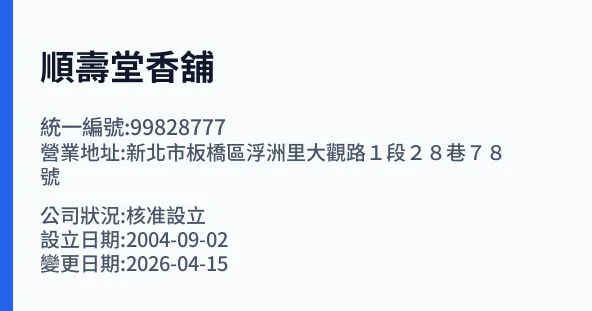 順壽堂香舖的照片-統編 99828777(新北市) 公司登記資料與營業項目詳細圖表