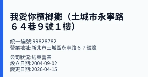 我愛你檳榔攤（土城市永寧路６４巷９號１樓）的照片-統編 99828782(新北市) 公司登記資料與營業項目詳細圖表