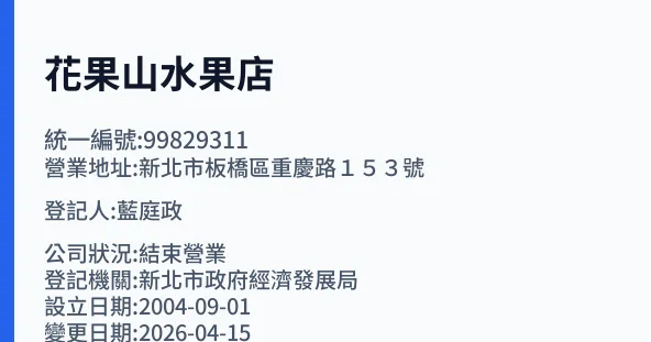 花果山水果店的照片-統編 99829311(新北市) 公司登記資料與營業項目詳細圖表
