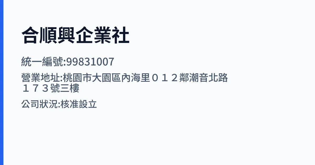 合順興企業社 - 統編 99831007(桃園市) 公司登記資料與營業項目詳細圖表