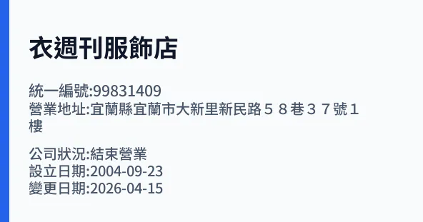 衣週刊服飾店的照片-統編 99831409(宜蘭縣) 公司登記資料與營業項目詳細圖表